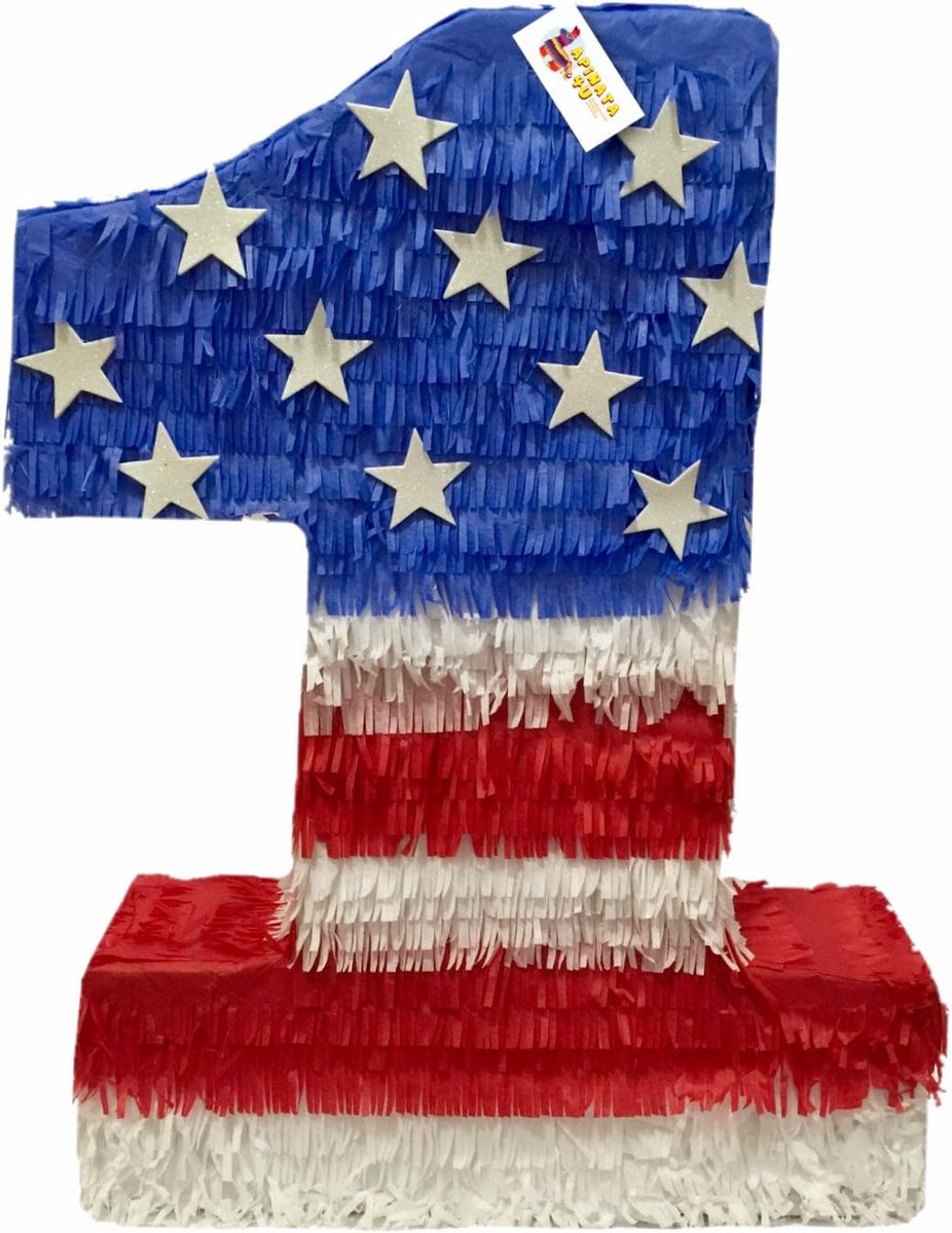 Tall Patriotic Number One Piñata for First Birthday Party Blue Red Whi ...