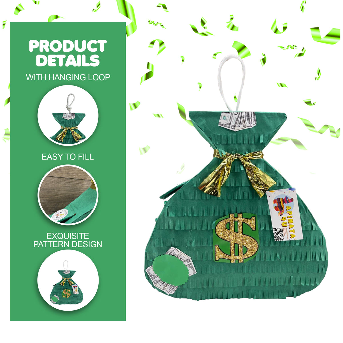 Money Bag Pinata, Party Decoration, Large 20 Inches Green Dollar Sign ...