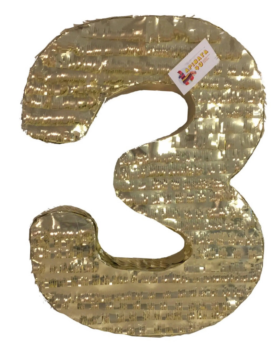 20" Tall Number Three Pinata Gold Color Third Birthday Party Supplies ...