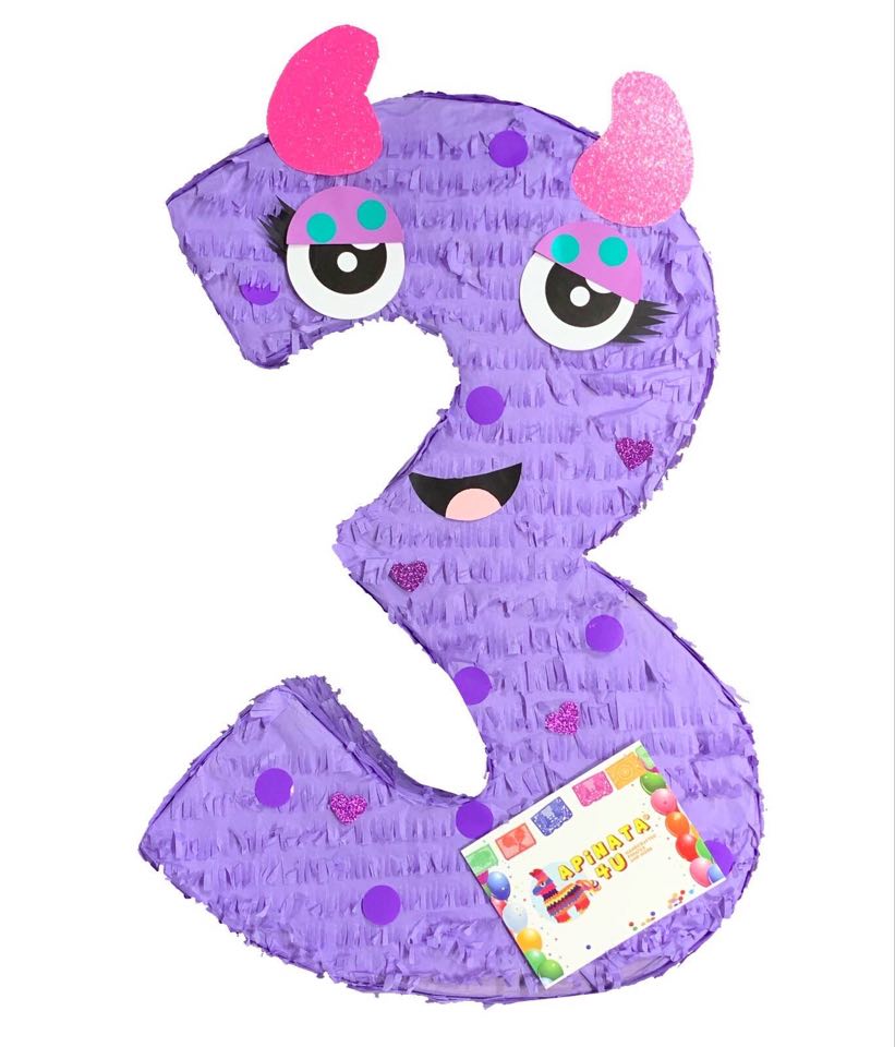 APINATA4U Large Number Three Pinata Lavender Color Monster Pinata Hal